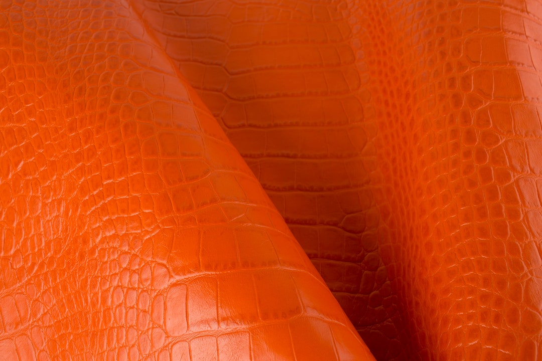 Orange Saturated Crocodile Embossed Print ITALIAN Leather Calf Cow Hide ...