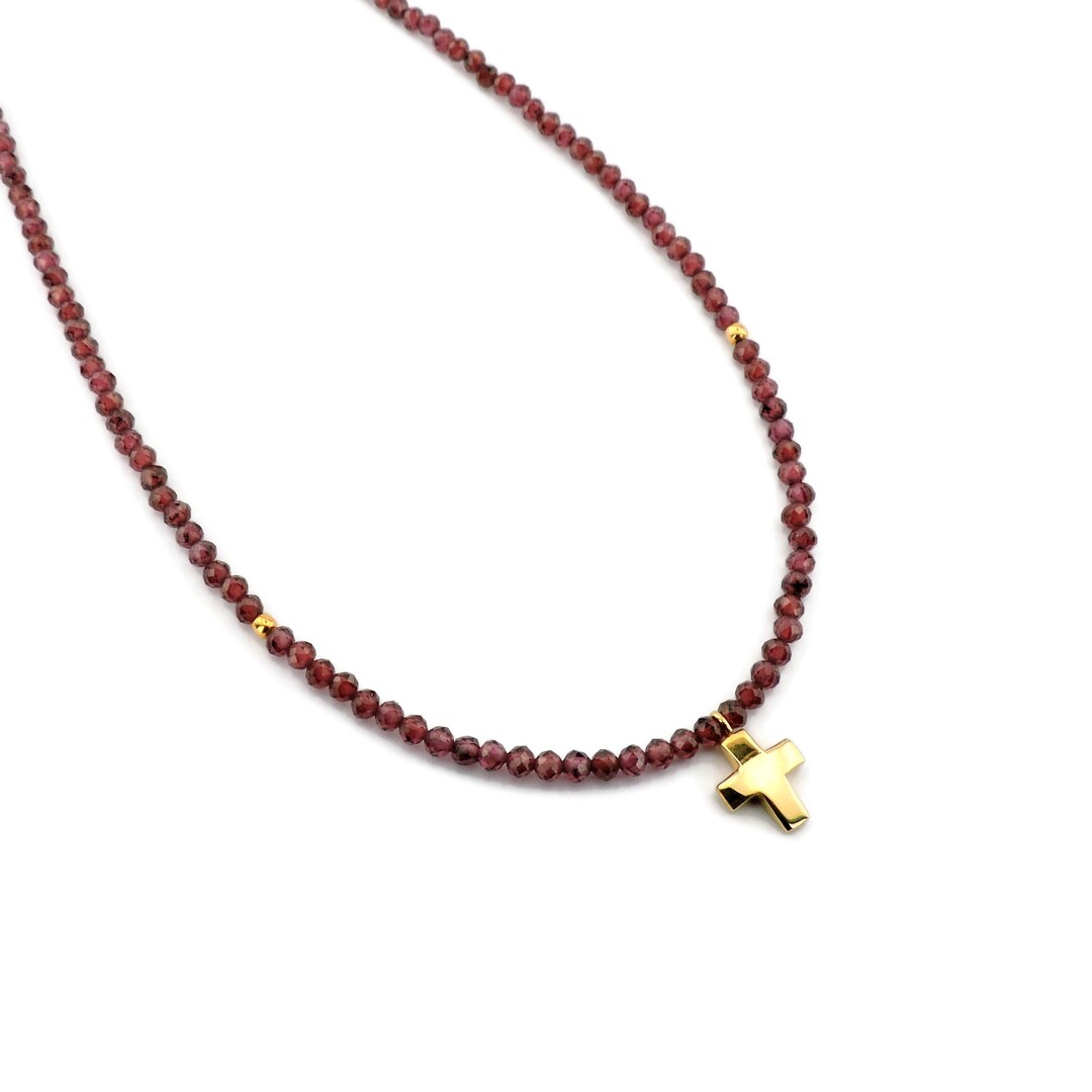 Natural Garnet Cross Symbol 14k Yellow Gold Choker Necklace, Dainty ...