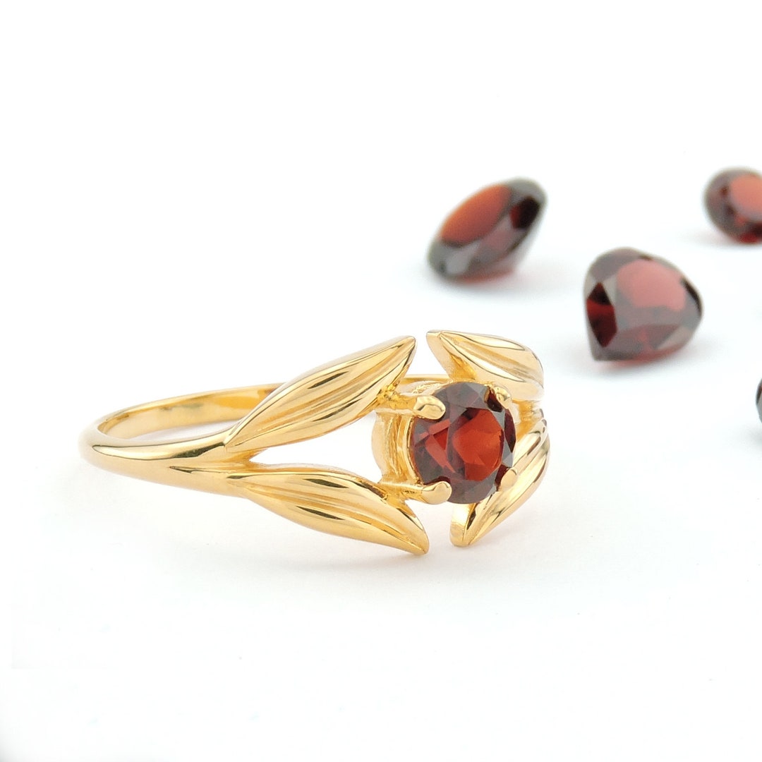 Naturel Rouge Grenat 14k Solid Yellow Gold Ring, V Forme Leaf 2ème ...