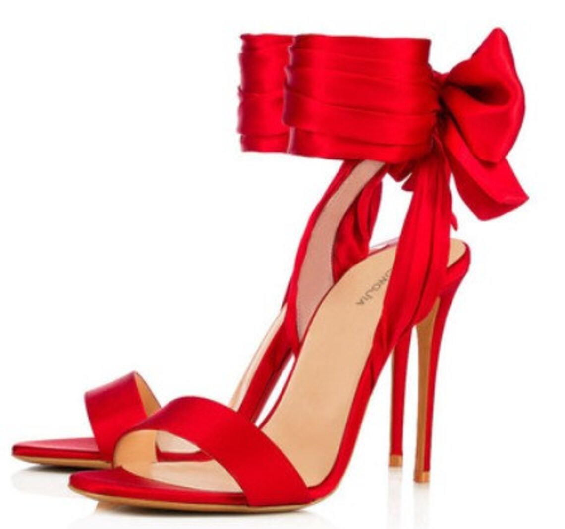 RED SATIN OPEN toe heels satin heels High heels pumps / | Etsy