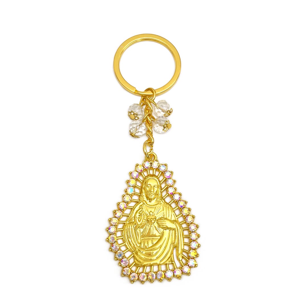 1 Pcs Gold Hollow Jesus Sacred Heart Keychains With Colorful Diamond ...