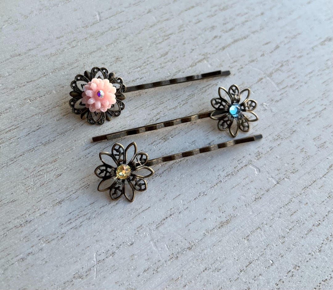 Pink Flower Bobby Pin Set - Etsy