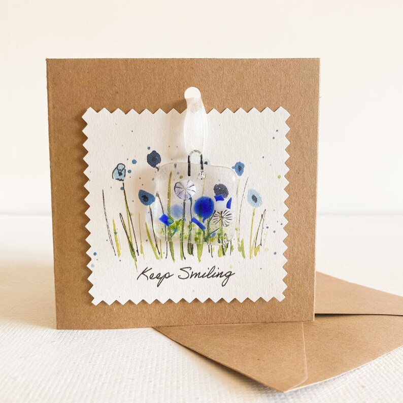 Keep Smiling Card With Fused Glass Flower Meadow Keepsake. - Etsy