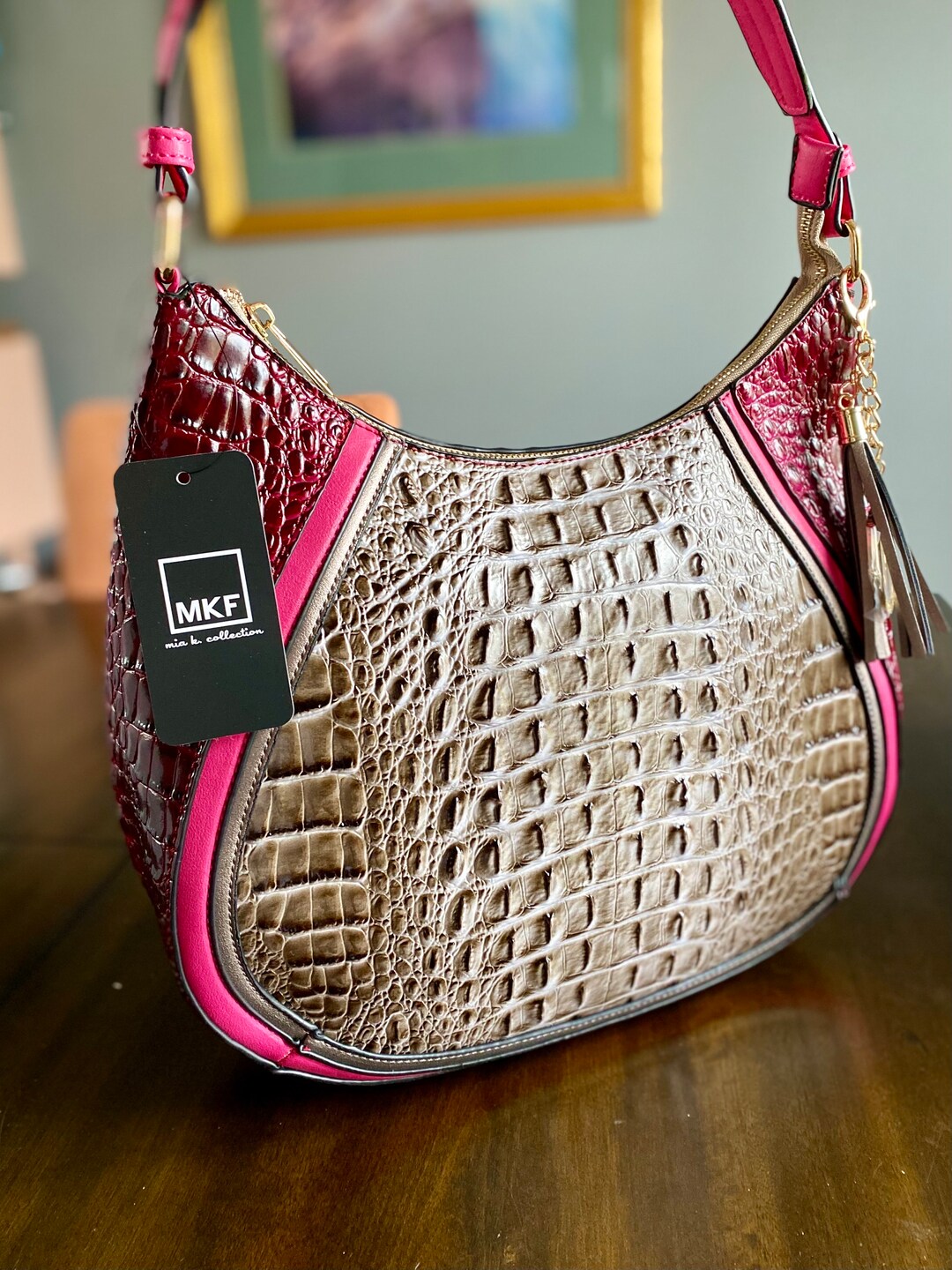Pink Hobo Bag, Structured Handbag, Pink and Gray Shoulder Bag ...