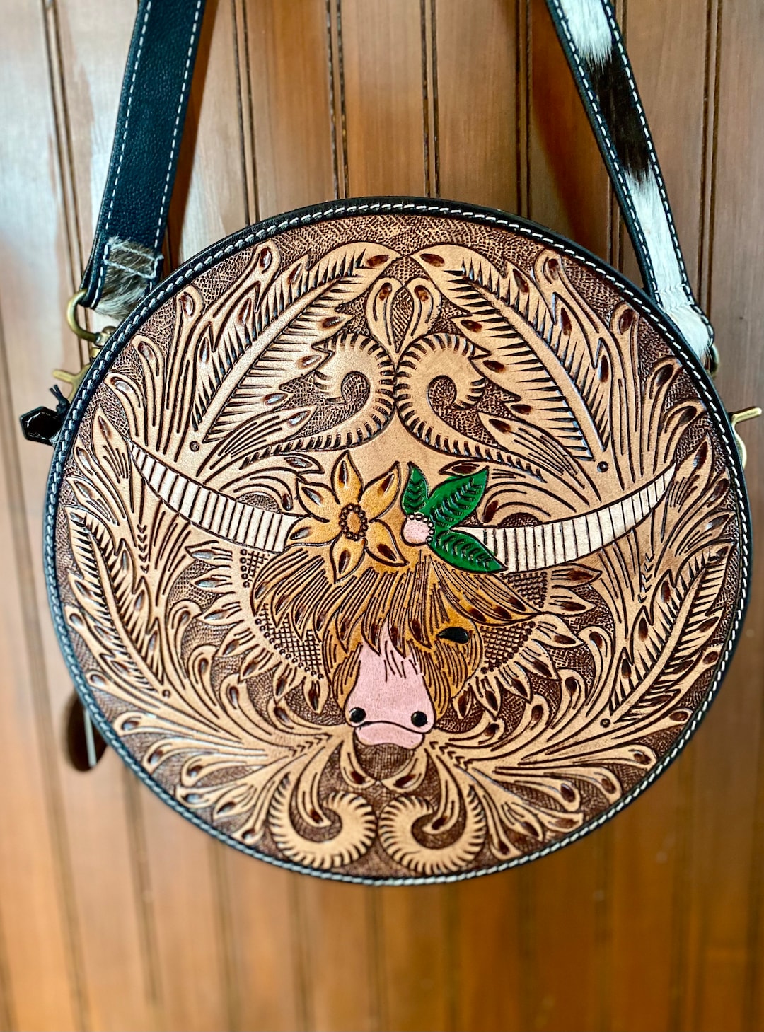 Genuine Leather Purse, Highland Cow Bag, Western Crossbody, MYRA Round ...