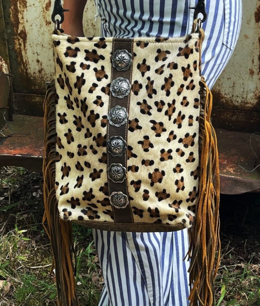 Animal Print Leather Bag, Western Fringe Purse, Large Cowhide Tote ...