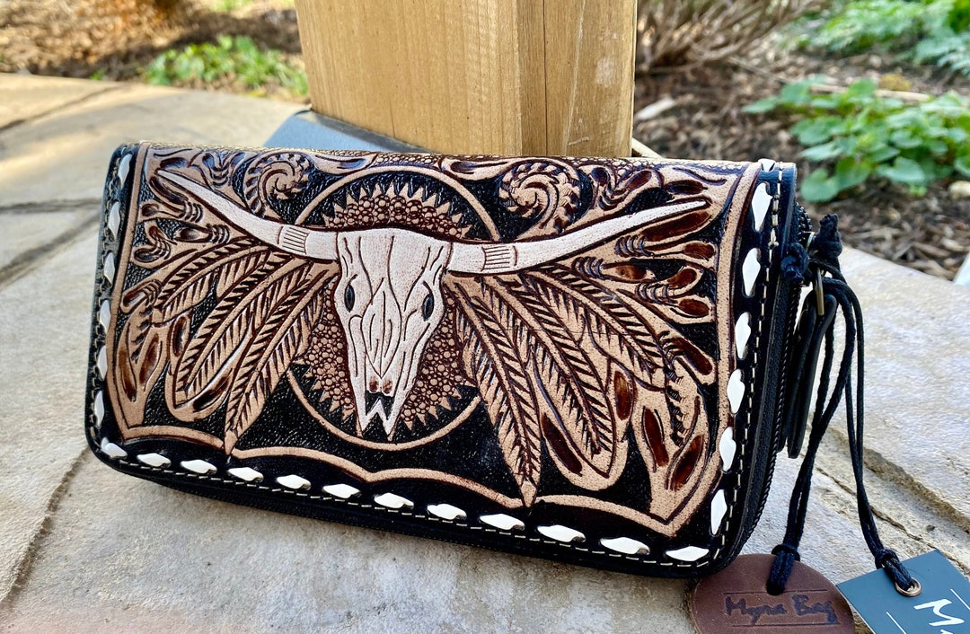 MYRA Longhorn Wallet, Hand Tooled Leather Womans Wallet, Womens Clutch ...
