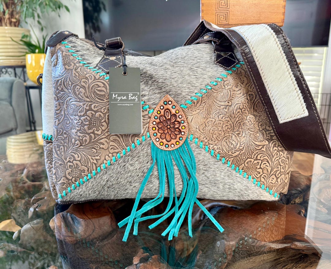 Western Cowhide Weekender, Myra Bag, Leather & Hair on Crossbody, Large ...