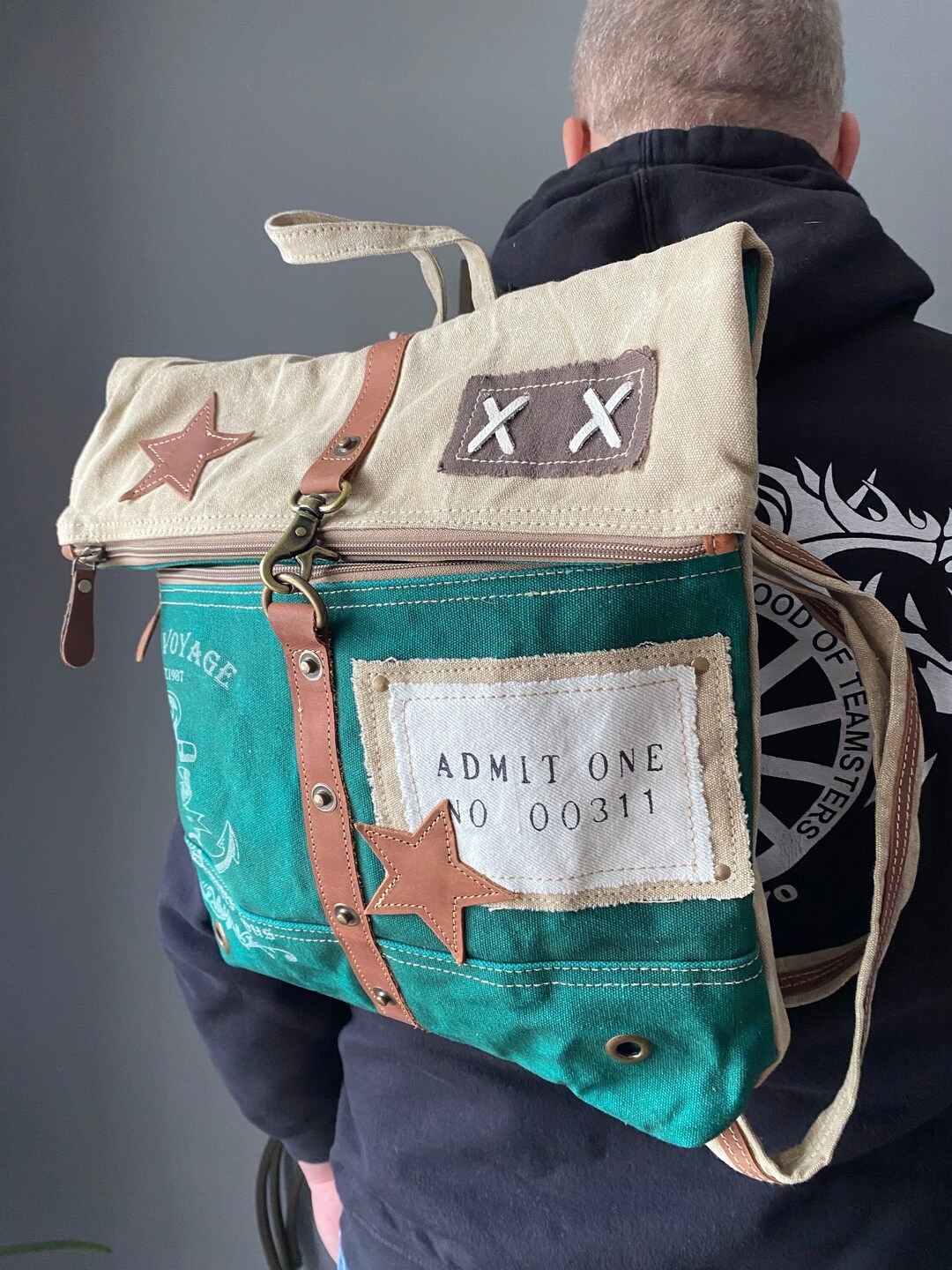 Green Patchwork Backpack, MYRA Daypack, Colorful Canvas Bookbag ...