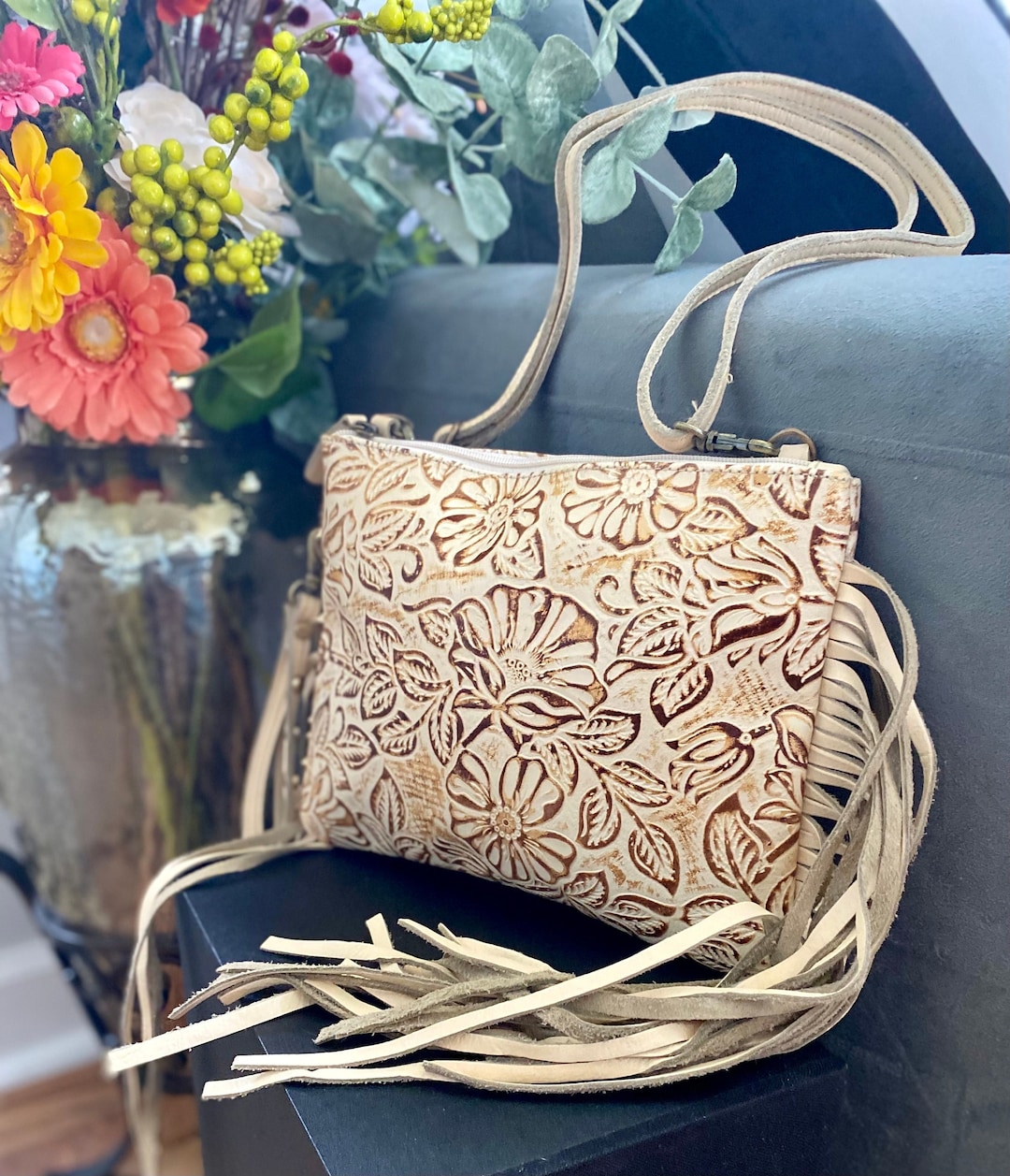 Vintage Floral Leather Purse, MYRA Crossbody, Western Purse With Fringe ...