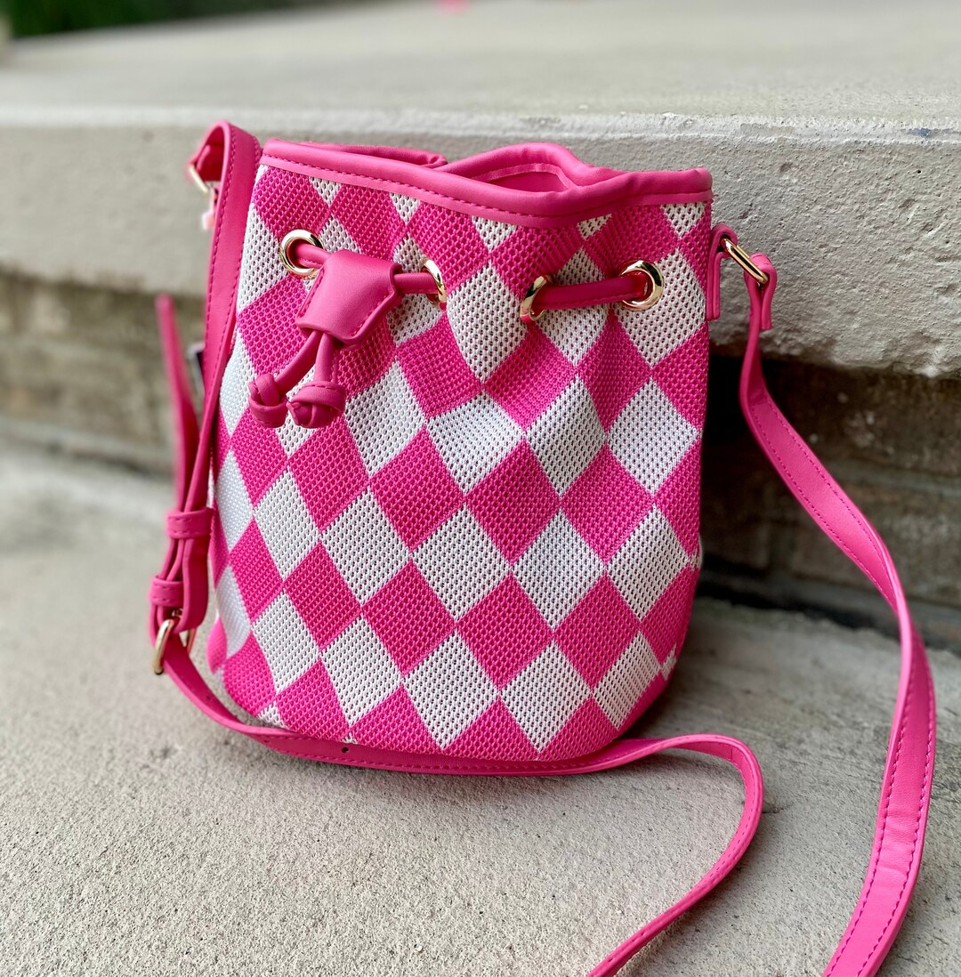 Pink Bucket Bag, Argyle Pattern Bucket Bag, Pink Crossbody, Cinch Bag ...