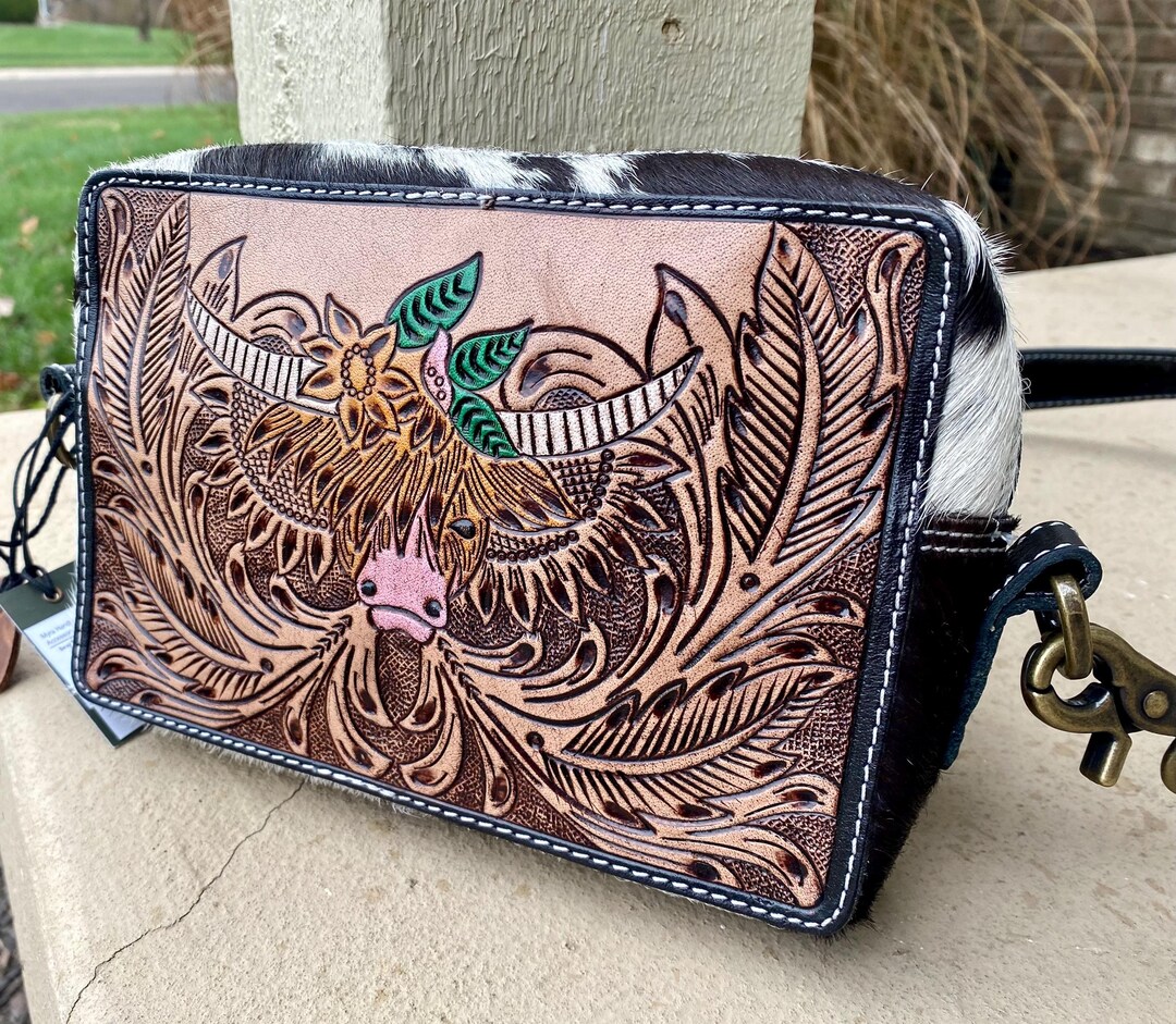 Western Bag, Highland Cow Bag, MYRA Cowhide Bag, Hand Tooled Leather ...