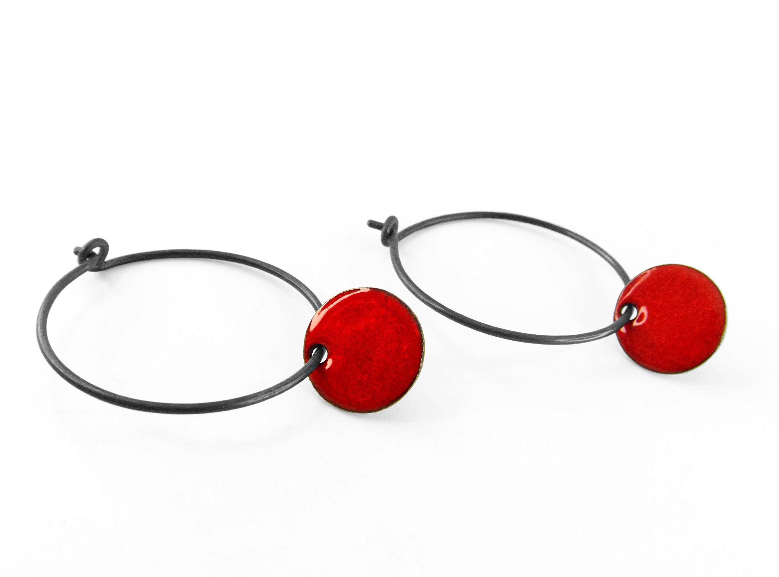 Red Dangle Earrings. Oxidized Silver Hoops. Minimalist - Etsy