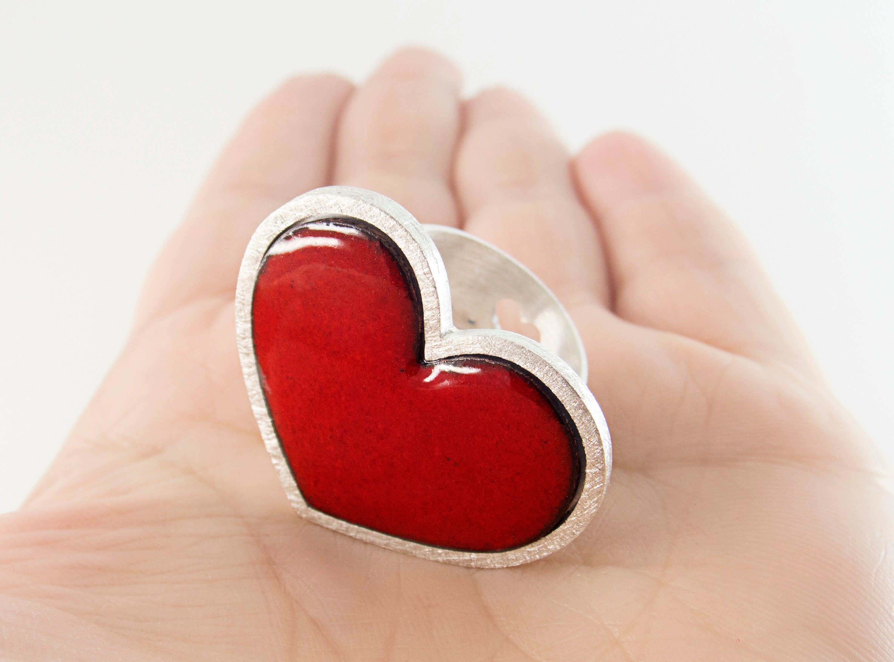 Sterling Silver Ring With Red Enamel Heart. Silver Adjustable Ring ...