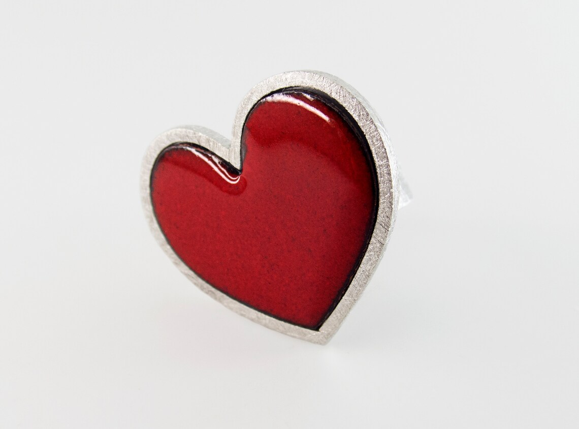 Sterling Silver Ring With Red Enamel Heart. Silver Adjustable Ring ...