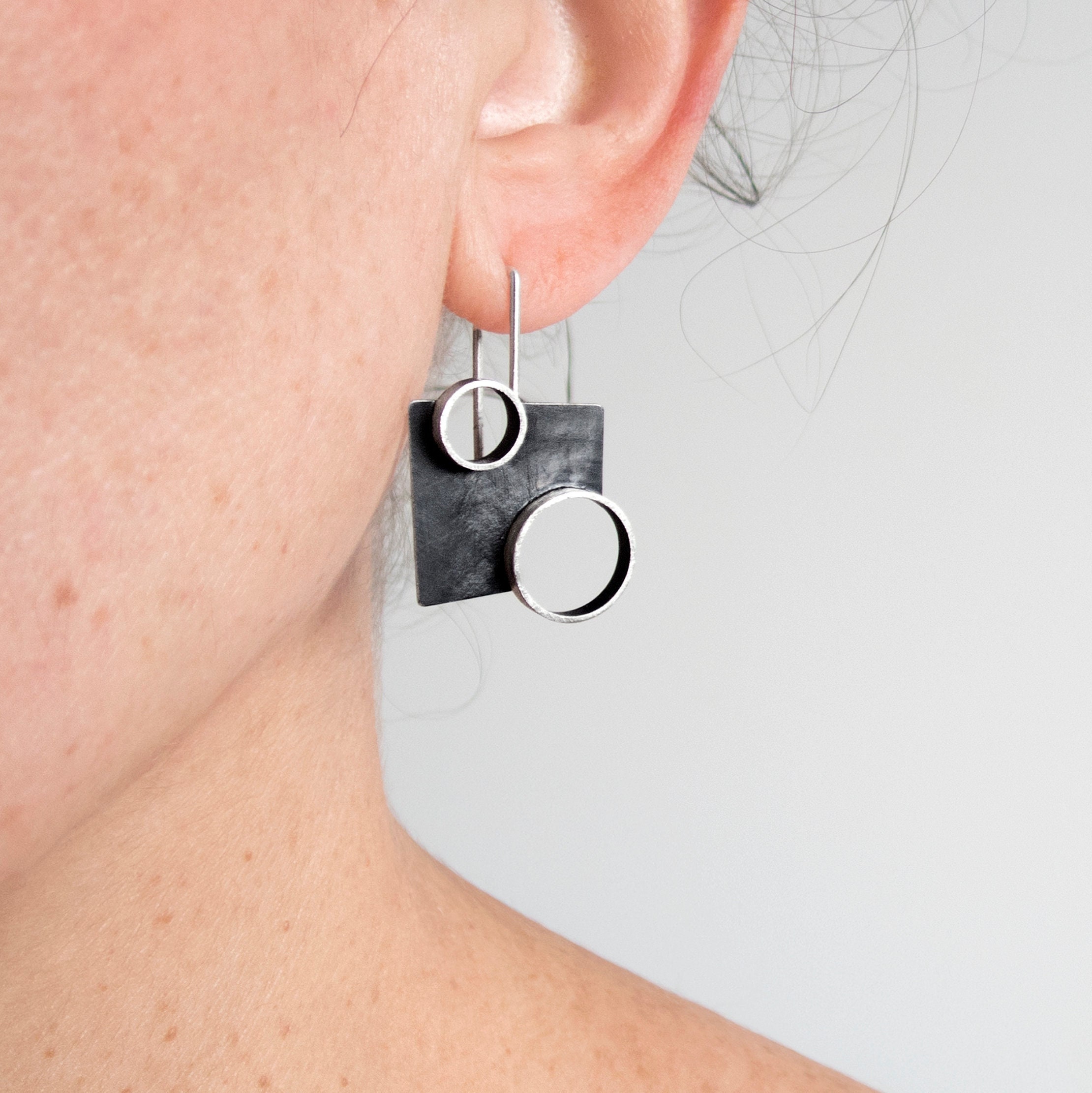 Asymmetric Dangle Earrings in Oxidized Silver. Geometric Dangle ...