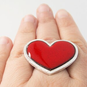 Sterling Silver Ring With Red Enamel Heart. Silver Adjustable Ring ...