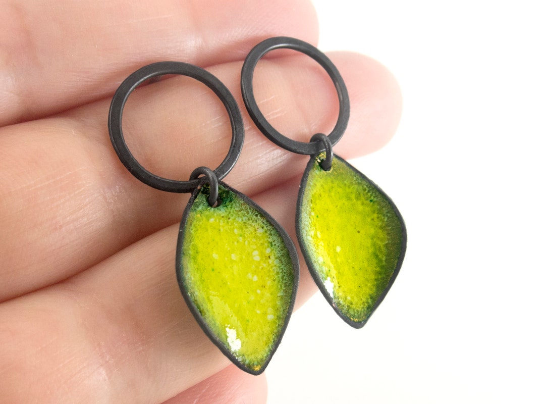 Lime Earrings. Enamel Earrings. Leaf Earrings. Oxidized Silver Earrings ...