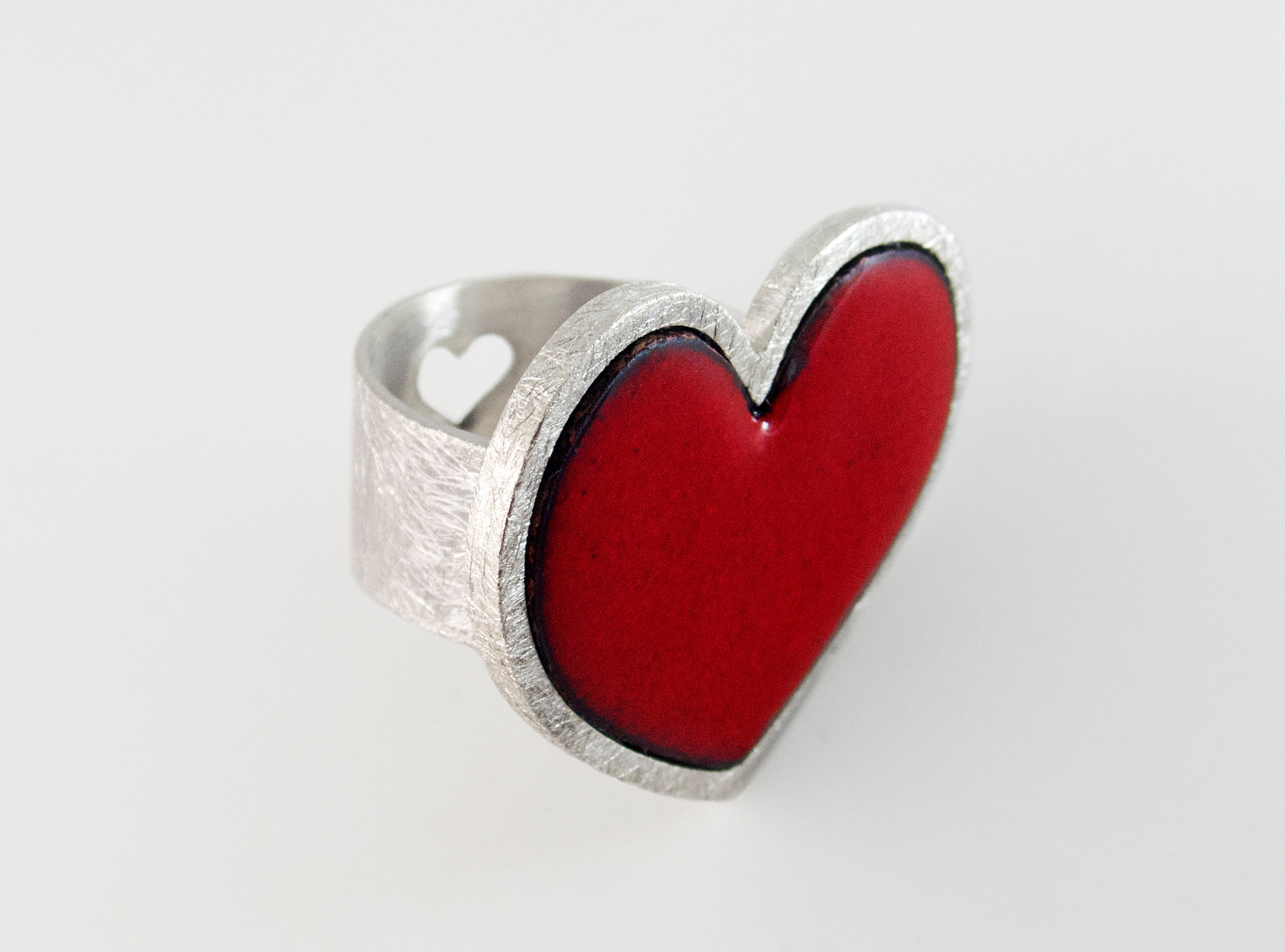 Sterling Silver Ring With Red Enamel Heart. Silver Adjustable Ring ...
