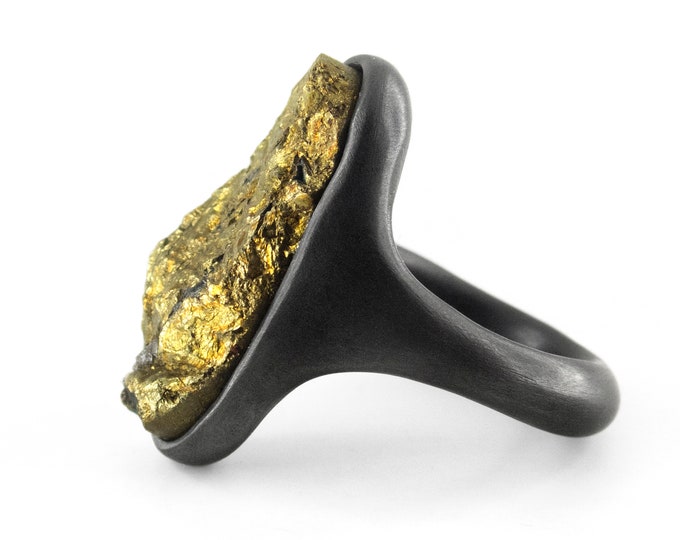 Raw Chalcopyrite Ring. Golden Raw Stone Ring. Rustic Stone and Oxidized ...