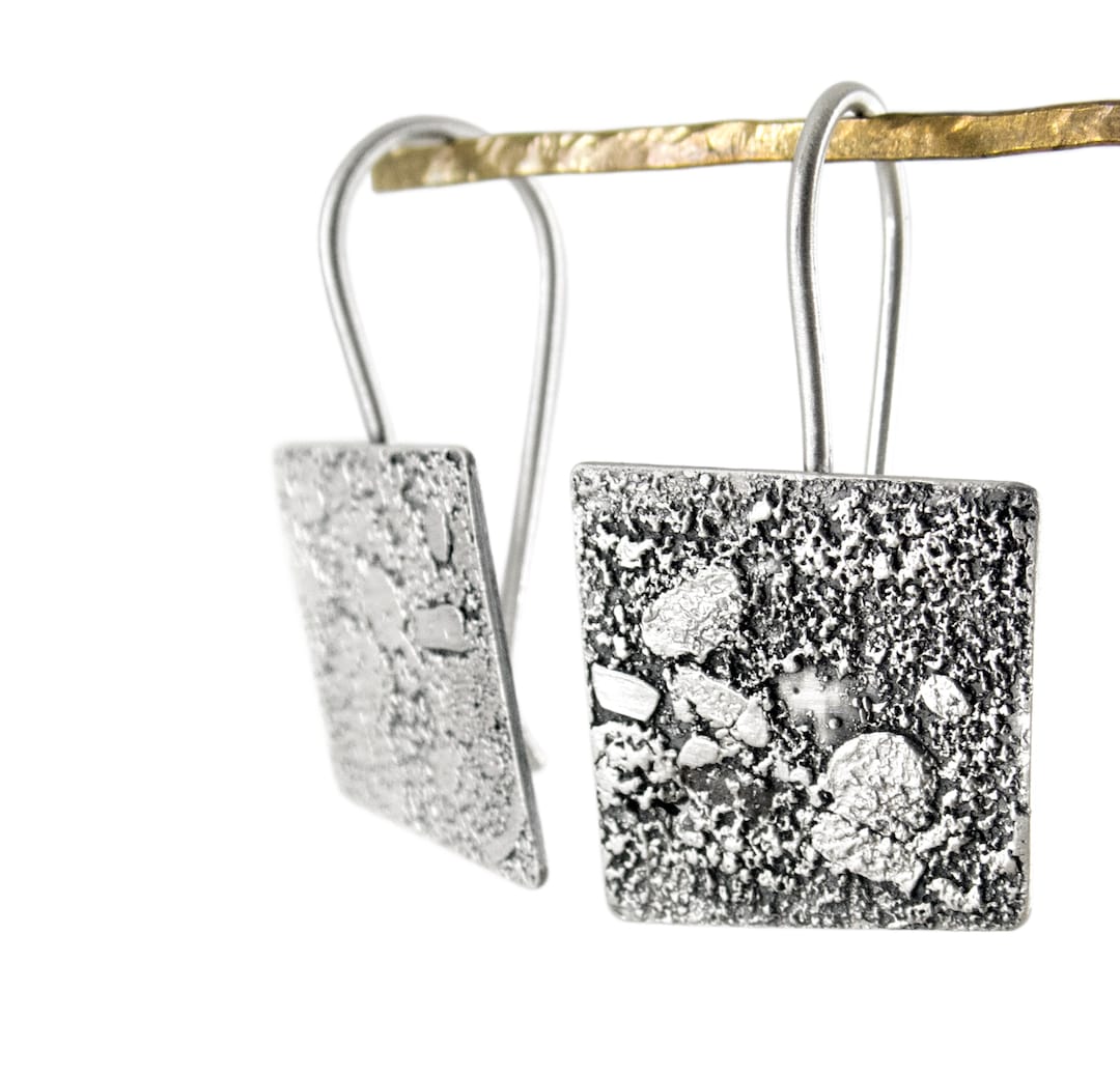 Textured Silver Dangle Earrings. Sterling Silver Square Dangle. Rustic ...
