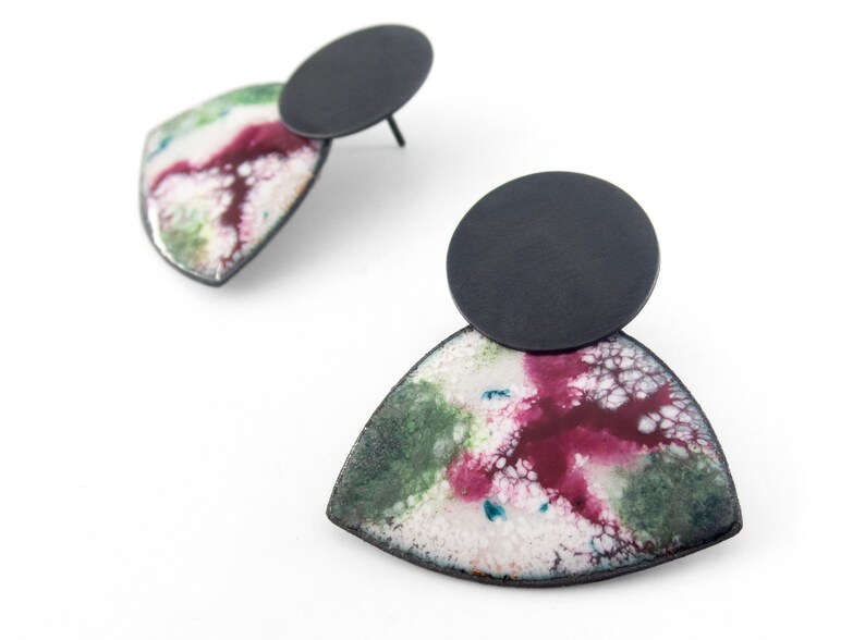 Enamel Earrings. Oxidized Post Earrings. Unique Earrings. Asymmetric ...