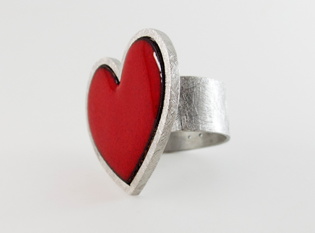 Sterling Silver Ring With Red Enamel Heart. Silver Adjustable Ring ...