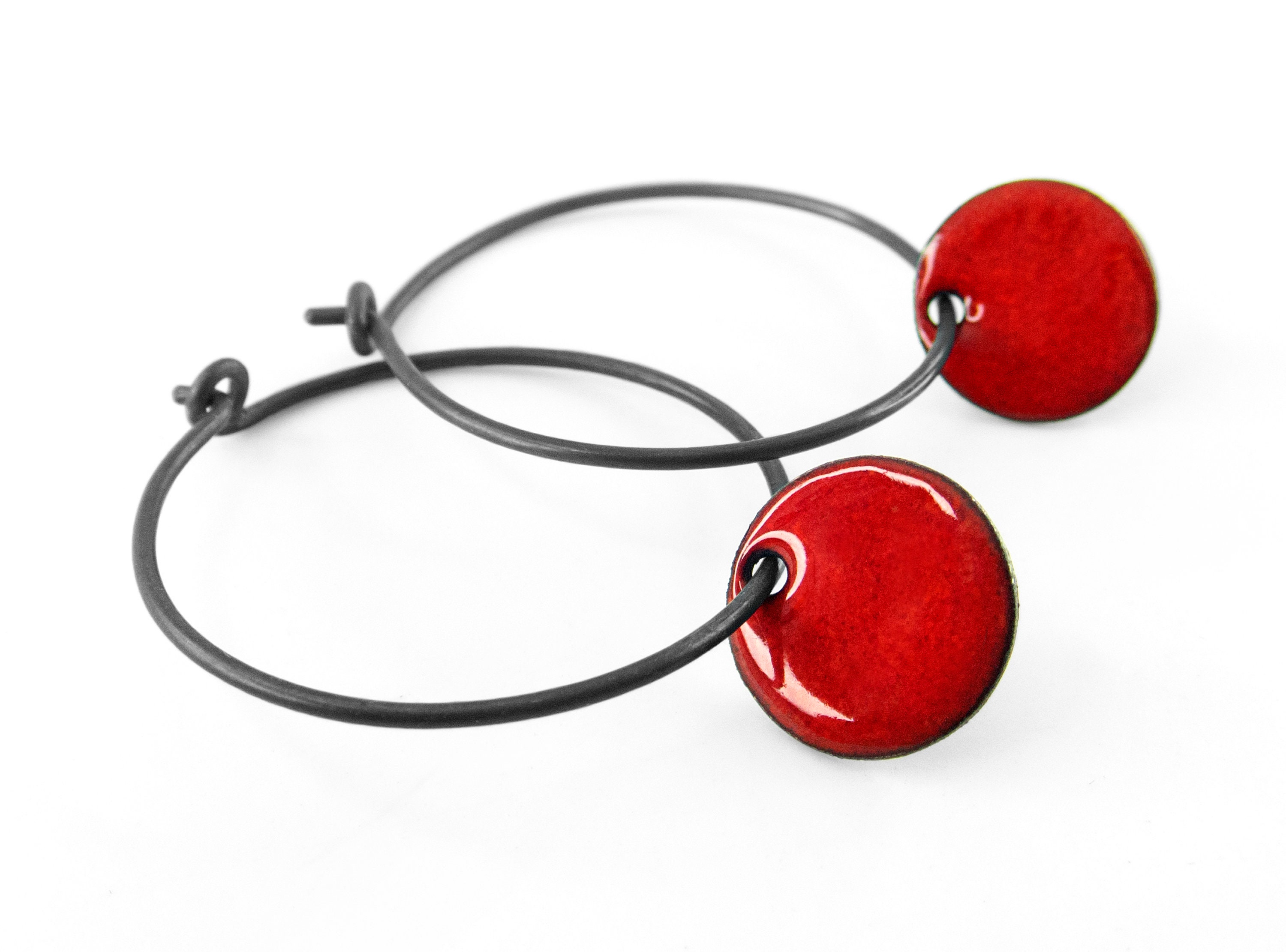 Red Dangle Earrings. Oxidized Silver Hoops. Minimalist - Etsy