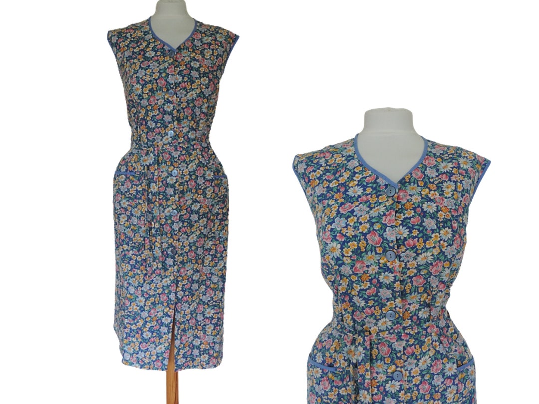60s Vintage House Dress Floral Button Down Dress With Pockets - Etsy