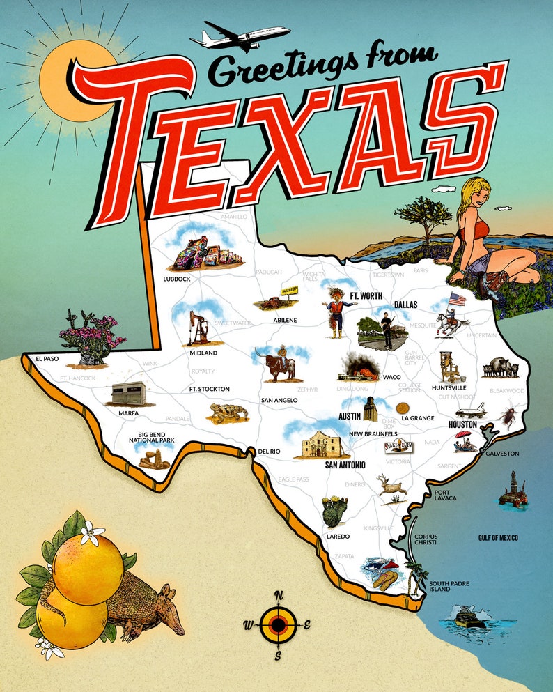 Greetings From Texas Map Poster - Etsy