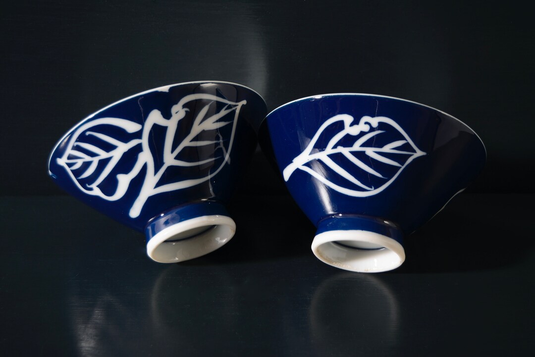 Vintage Japanese Blue Rice Bowls With Leaves, Set of 2 - Etsy