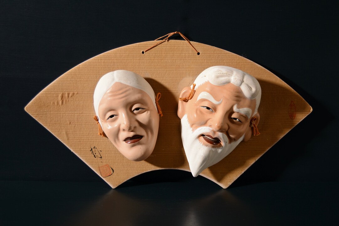 Ceramic Uba & Okina Masks on Fan Shaped Board - Etsy
