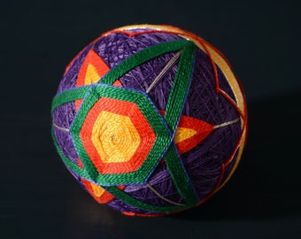 Japanese Temari Ball Handmade twenty Blues and Green Flowers Over Sage ...