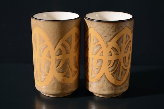 Japanese Mid Century Tall Tea Cups With Abstract Leaf Design - Etsy