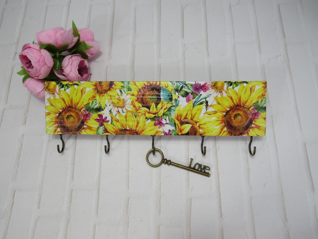 Sunflowers Key Holder for Wall | Floral Wooden Hook Rack | Farmhouse ...
