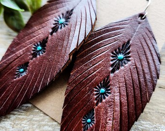 Sunburst Leather Feather Fringe Earrings, Fringe Leather Earrings ...