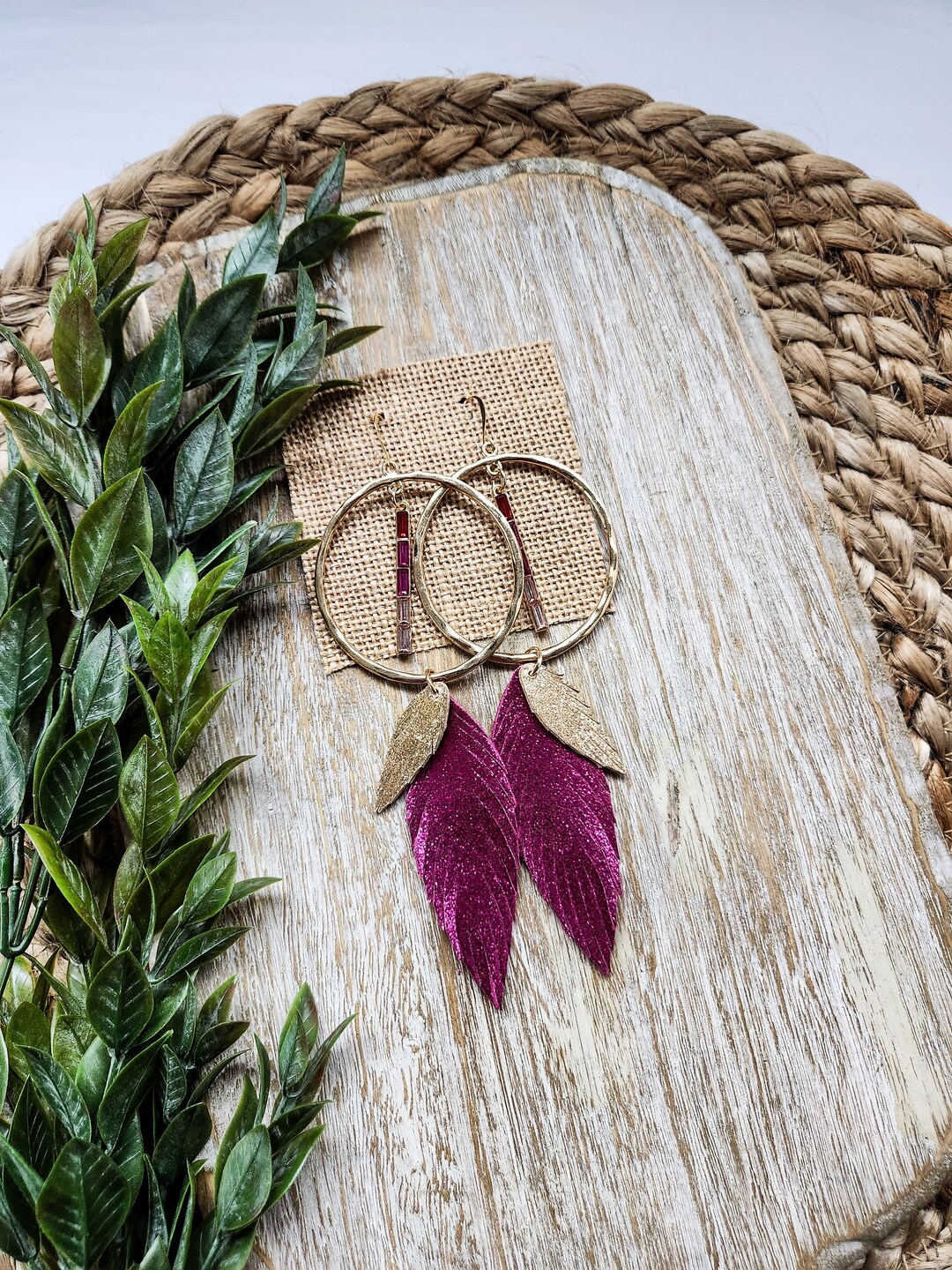 Pink and Gold Boho Leather Feather Hoop Earrings, Leather Earrings ...