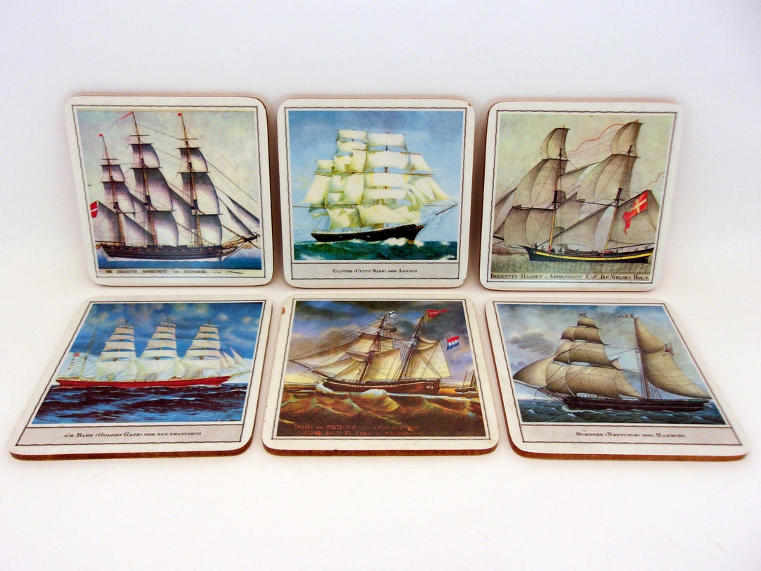 Clipper Ship Schuberth Tamat Melamine Coaster Set of 6 Vintage 60s 70s ...