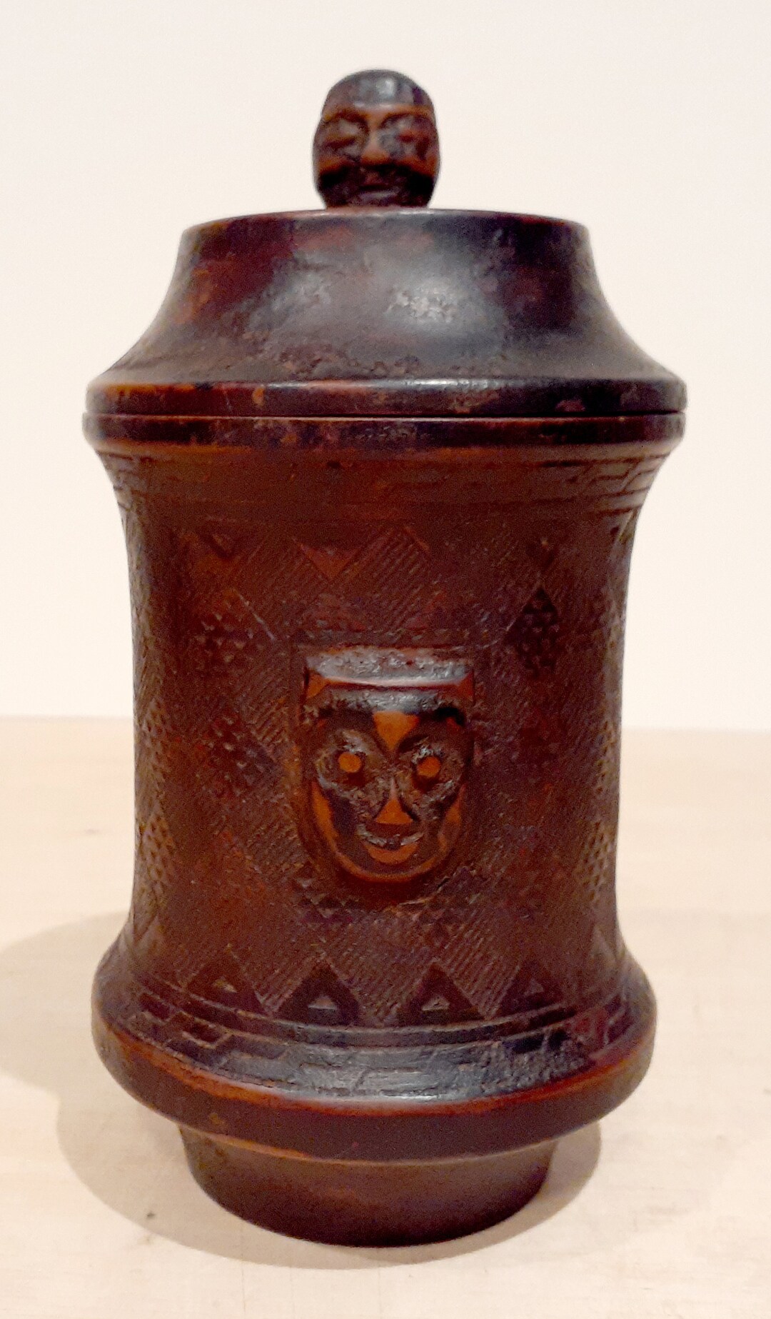 Kuba Carved Wood Cylindrical Janus Head Finial Lidded Container - Etsy