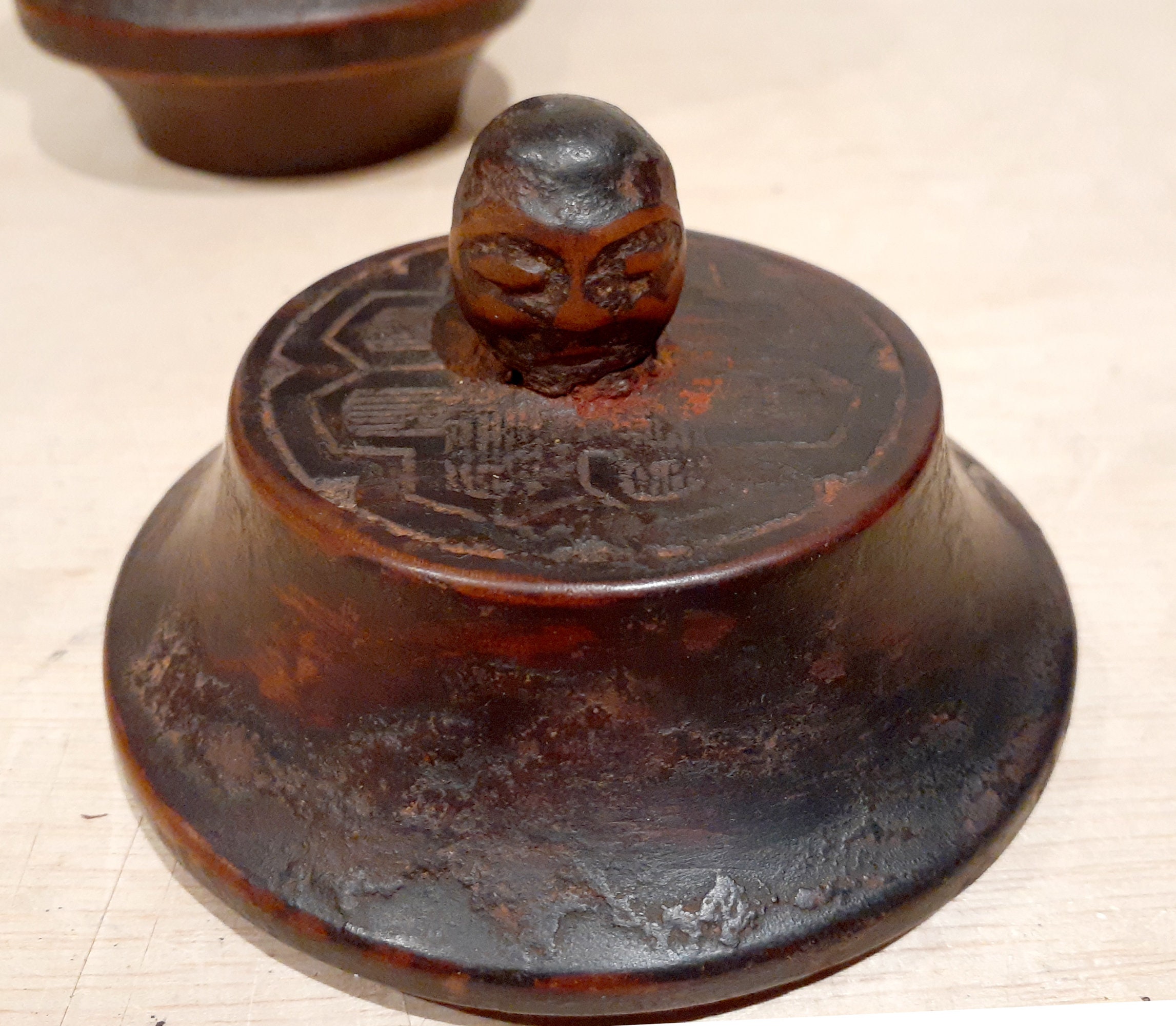 Kuba Carved Wood Cylindrical Janus Head Finial Lidded - Etsy