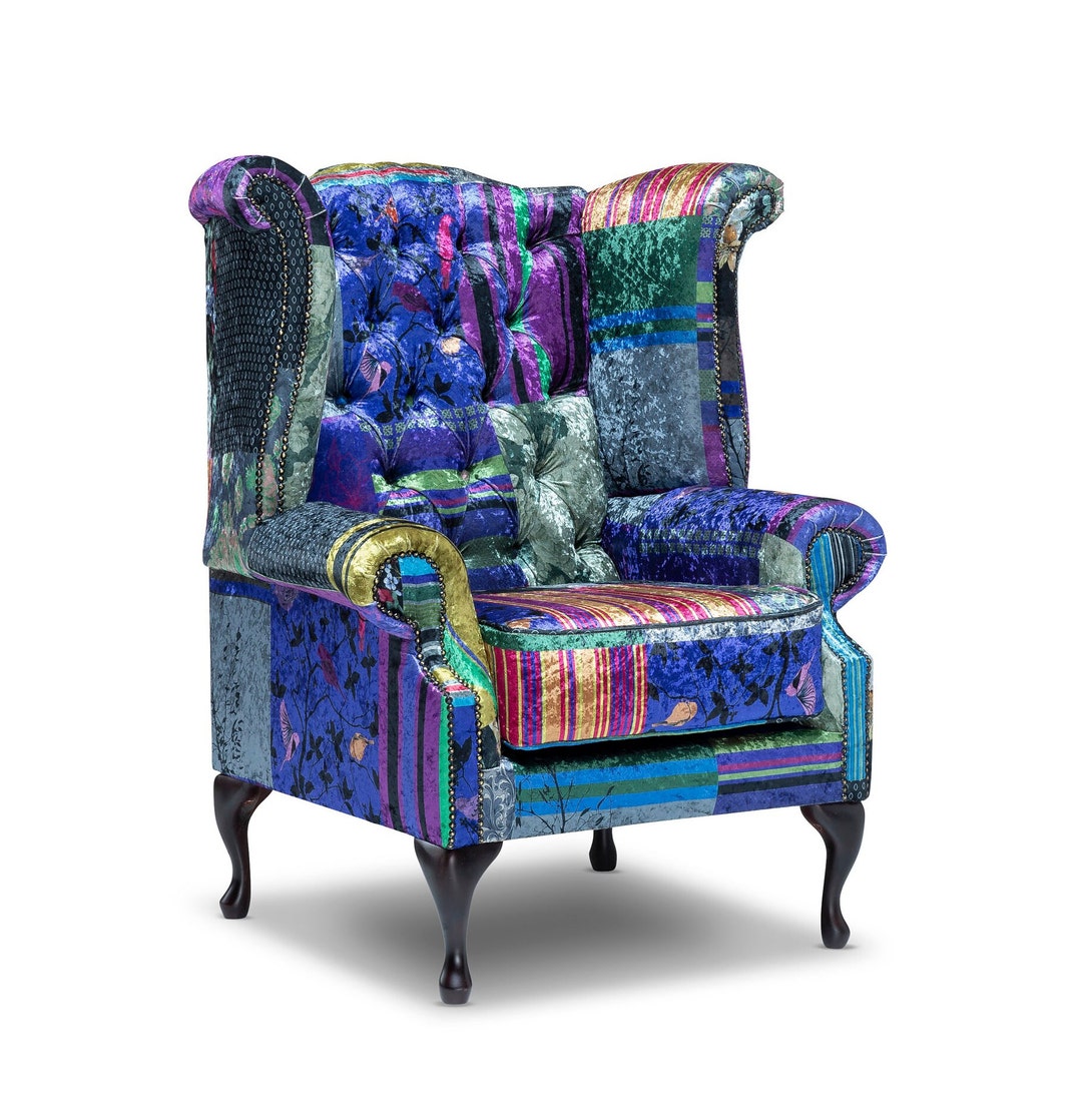Chesterfield High Back Wing Chair in Patchwork Velvet - Etsy UK