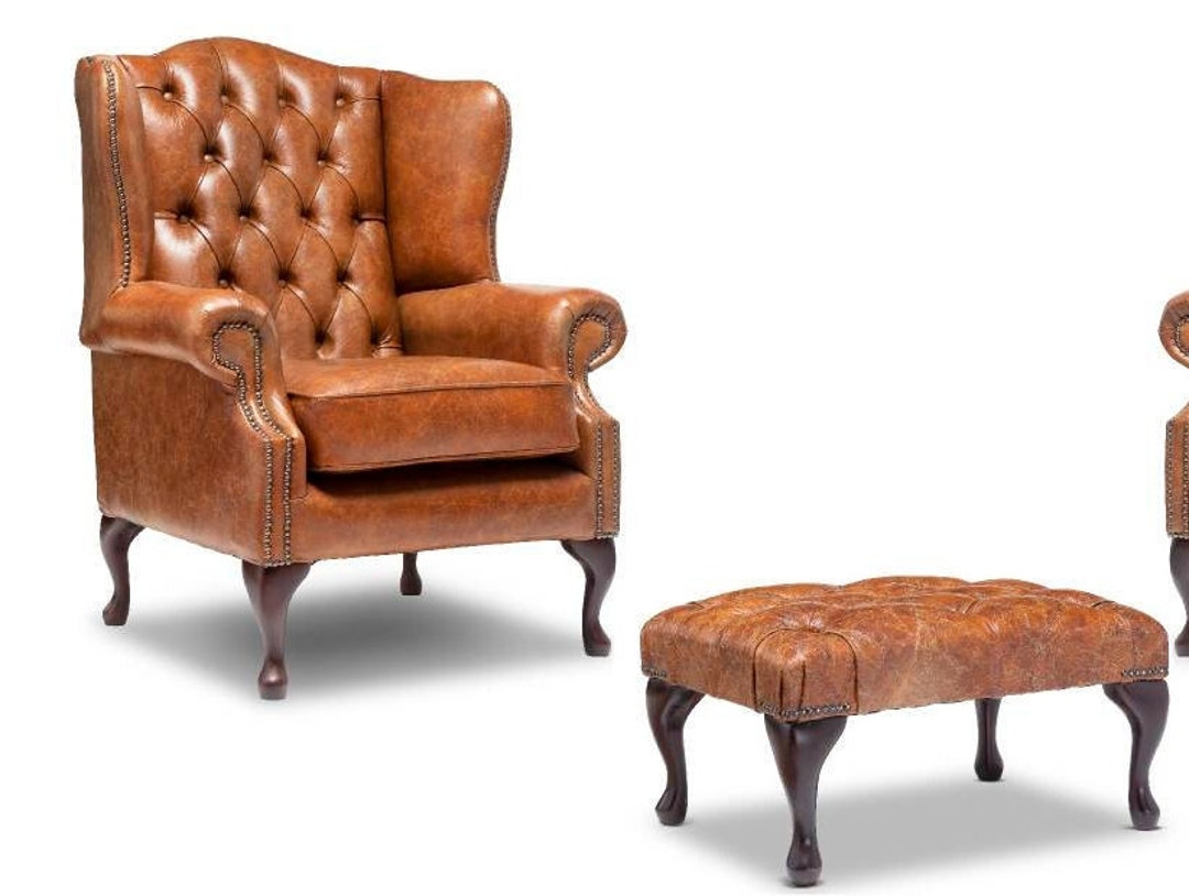 Set of Two Chesterfield High Back Wing Chairs & Footstool in Vintage ...