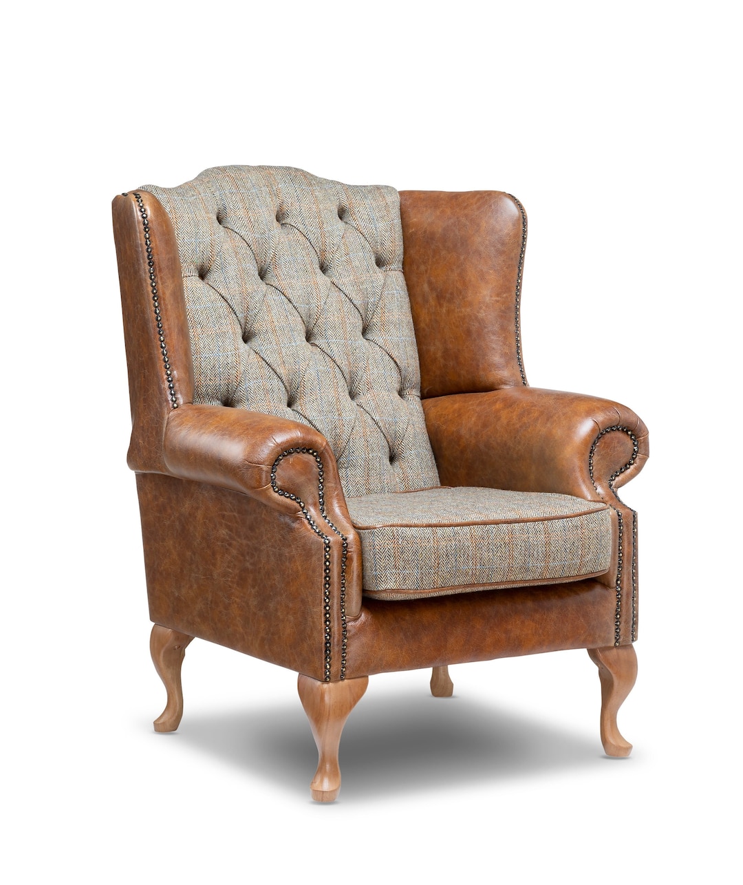 Chesterfield High Back Wing Chair in Vintage Tan Leather & Harris Tweed ...