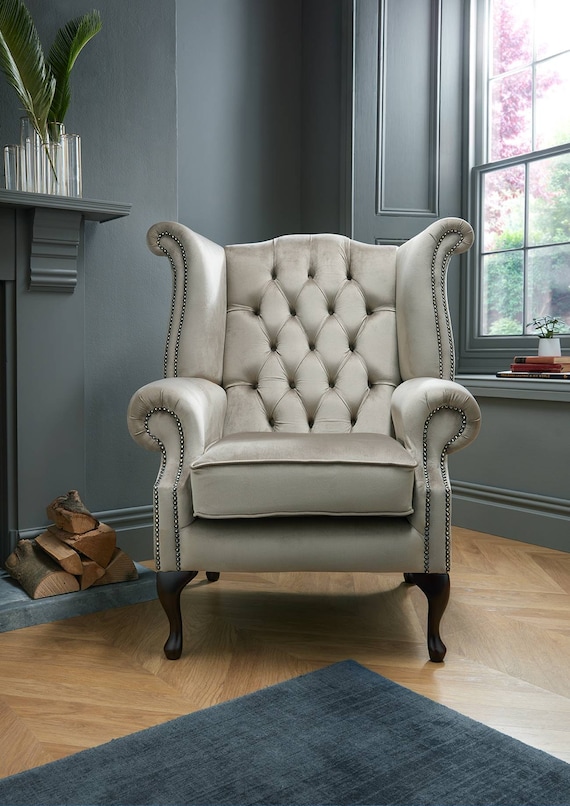 Gray tufted wingback chair store