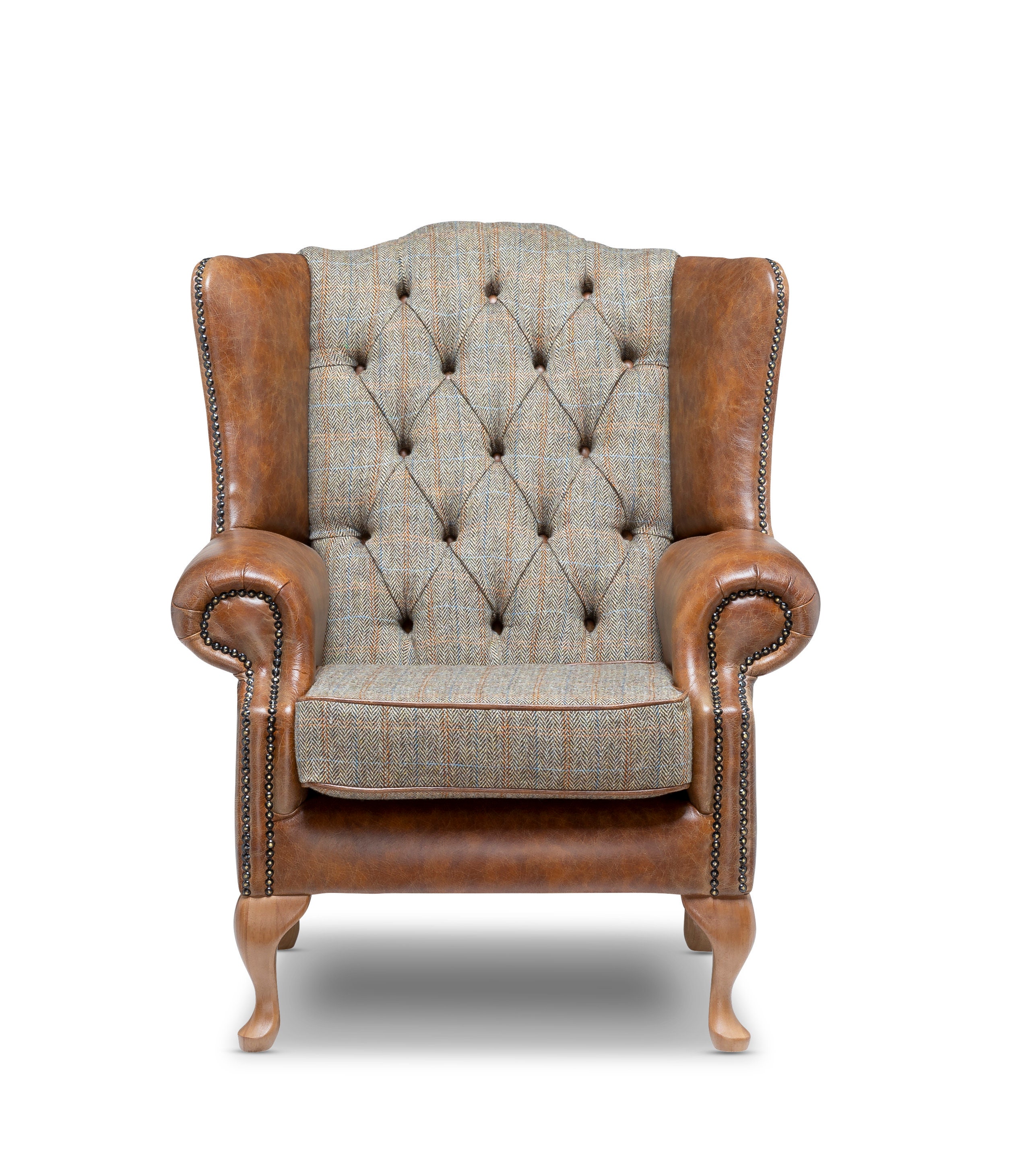 Chesterfield High Back Wing Chair in Vintage Tan Leather & Harris Tweed ...