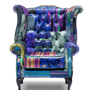 Chesterfield High Back Wing Chair in Patchwork Velvet - Etsy UK