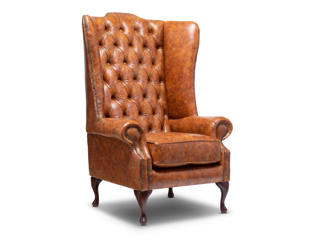 Chesterfield Extra High Back Wing Chair in Vintage Tan Leather - Etsy UK