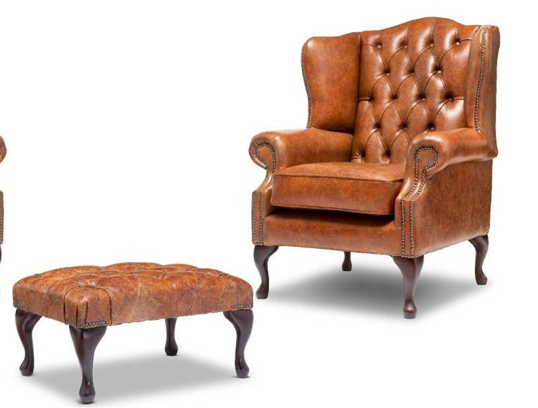 Chesterfield High Back Wing Chair & Footstool in Vintage Tan Leather ...