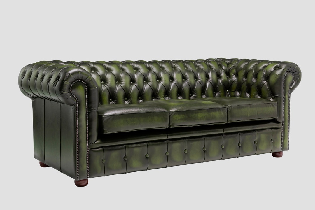 Chesterfield Real Leather Three Seater Sofa Genuine Antique Green Leather Etsy
