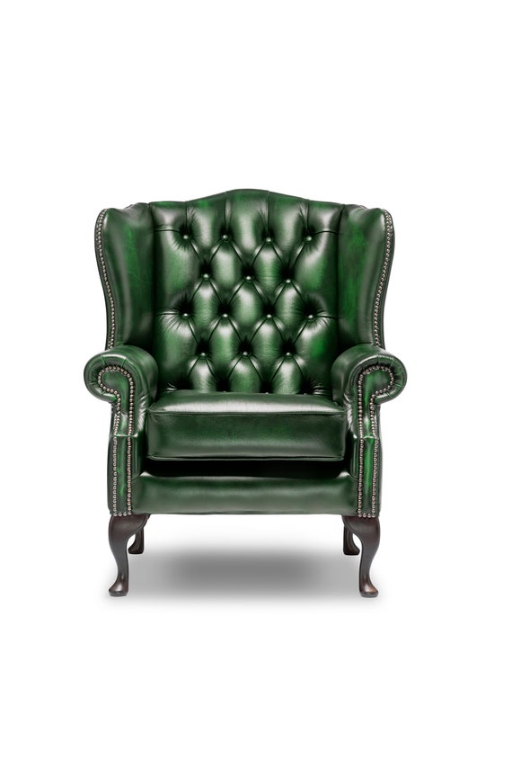 Chesterfield High Back Wing Chair in Antique Green Leather - Etsy UK